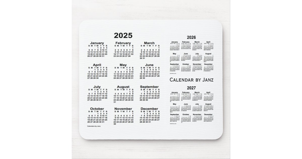 Mousepad Calendário branco de 3 anos 2025-2027 por Janz | Zazzle Portugal