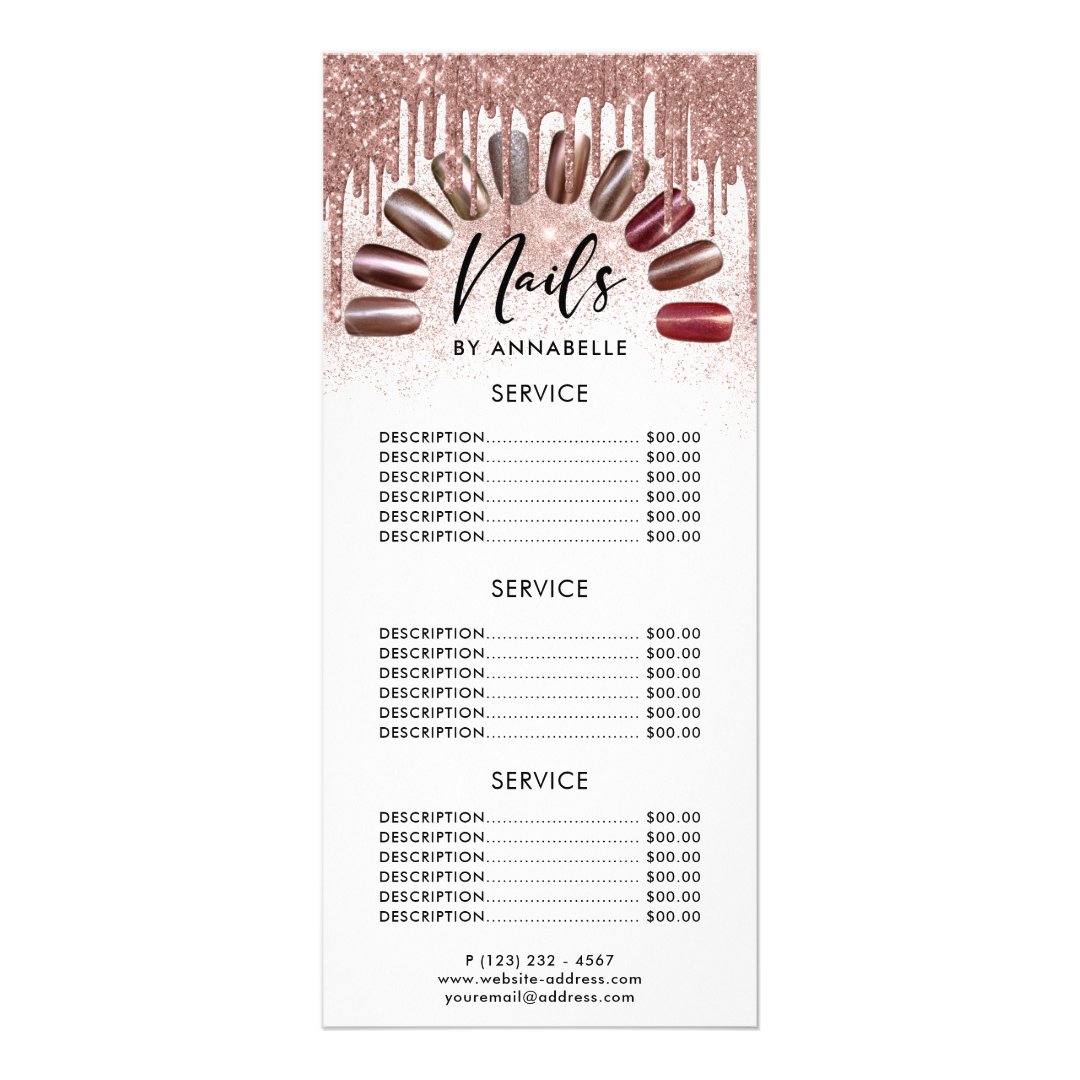Panfleto Lista de Preços Dourados do Rosa Moderno do Unhas | Zazzle ...