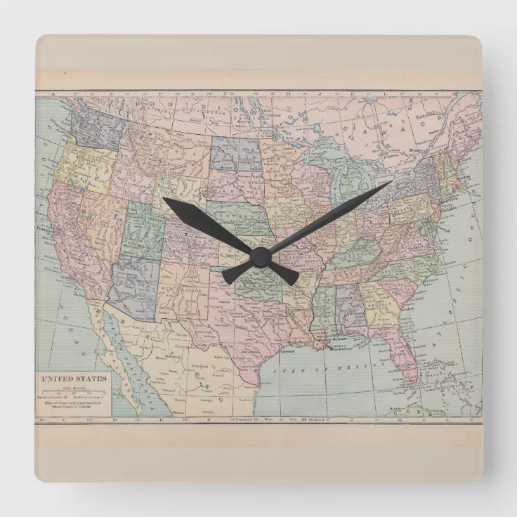Relógio Quadrado Vintage Map of the United States of America Clock ...